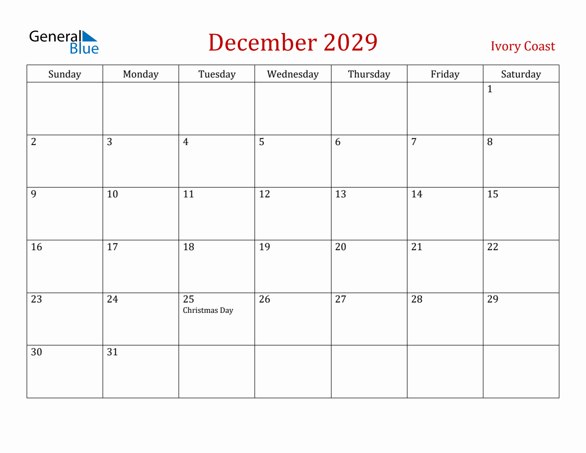 December 2029 Ivory Coast Monthly Calendar with Holidays