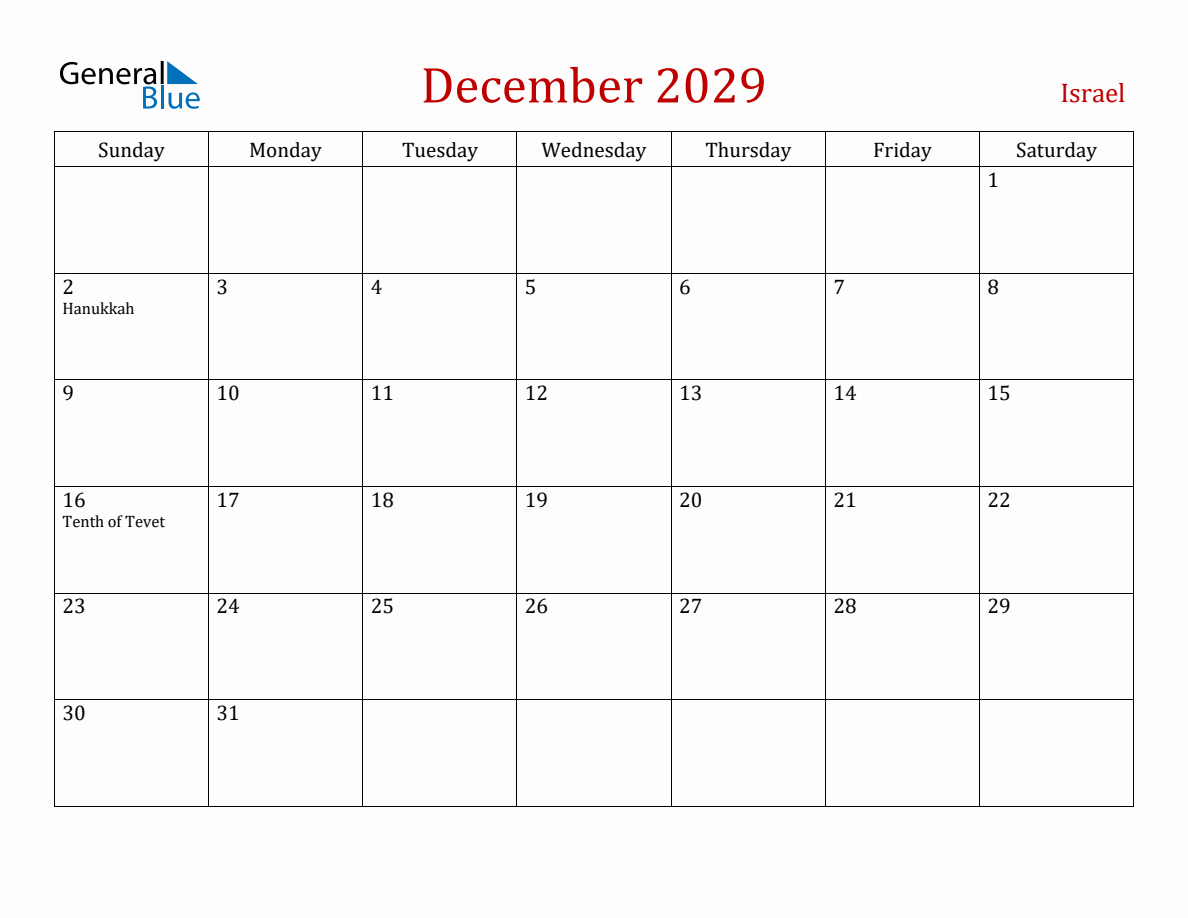 December 2029 Israel Monthly Calendar with Holidays