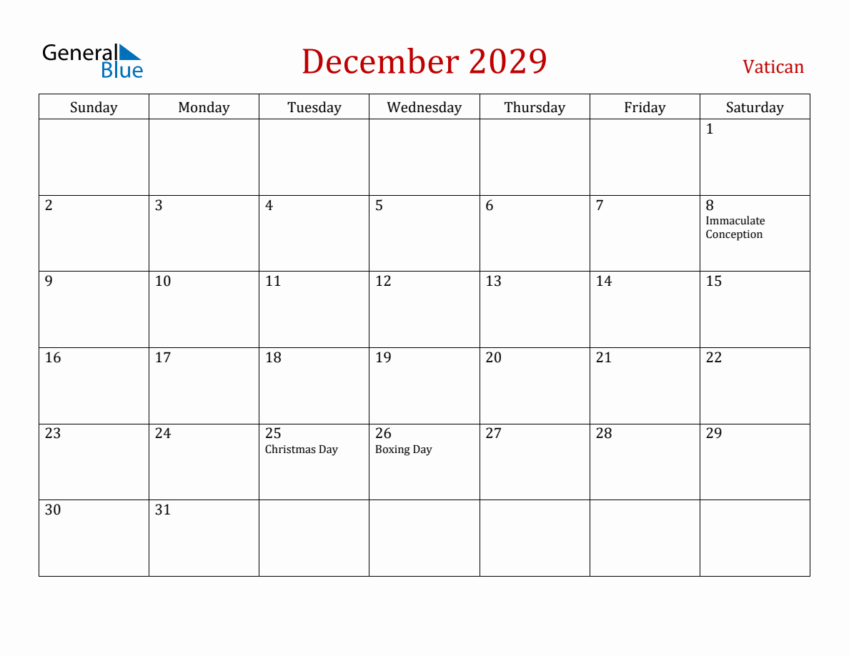 December 2029 Vatican Monthly Calendar with Holidays