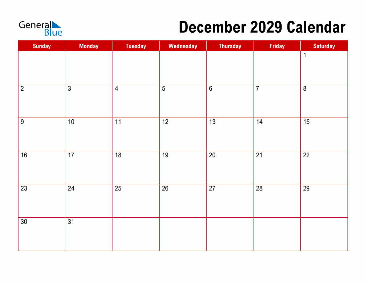 Basic Monthly Calendar - December 2029