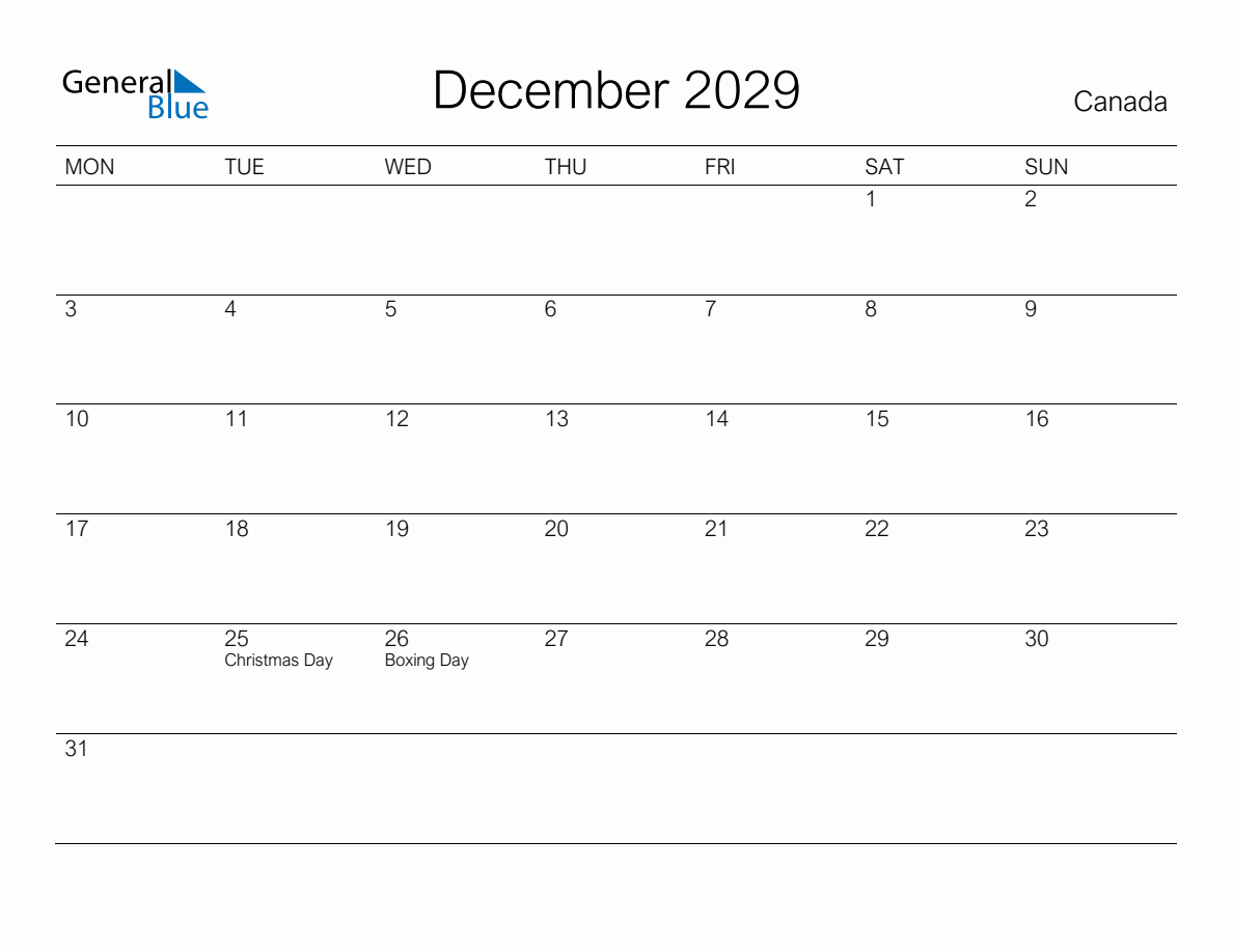 Printable December 2029 Monthly Calendar with Holidays for Canada