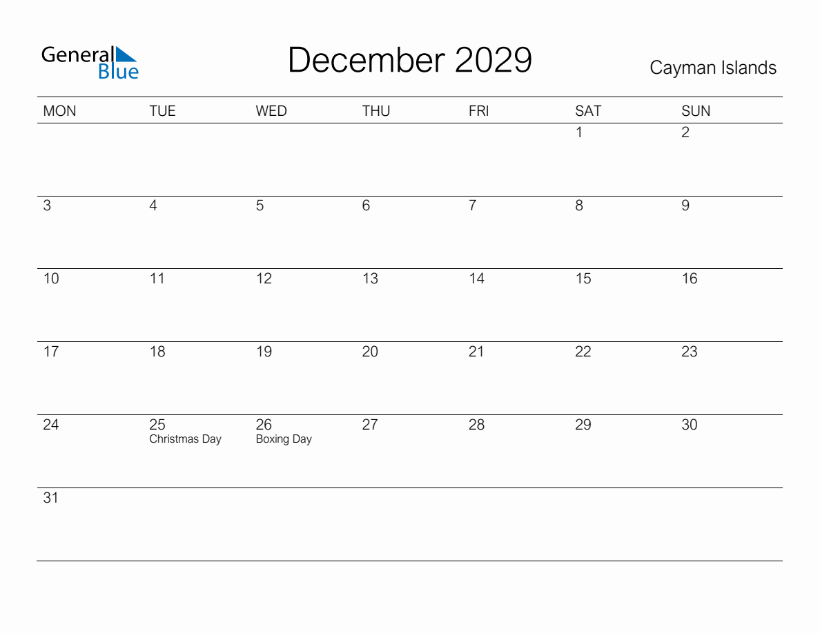 Printable December 2029 Monthly Calendar with Holidays for Cayman ...