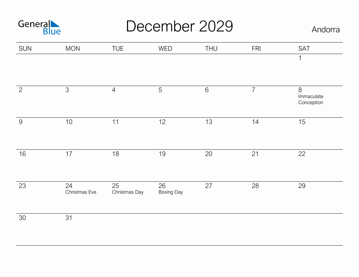 Printable December 2029 Monthly Calendar with Holidays for Andorra