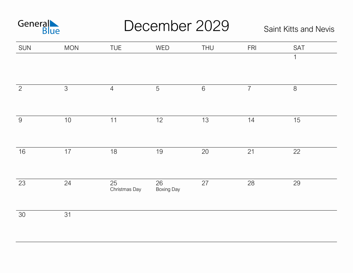Printable December 2029 Monthly Calendar with Holidays for Saint Kitts ...
