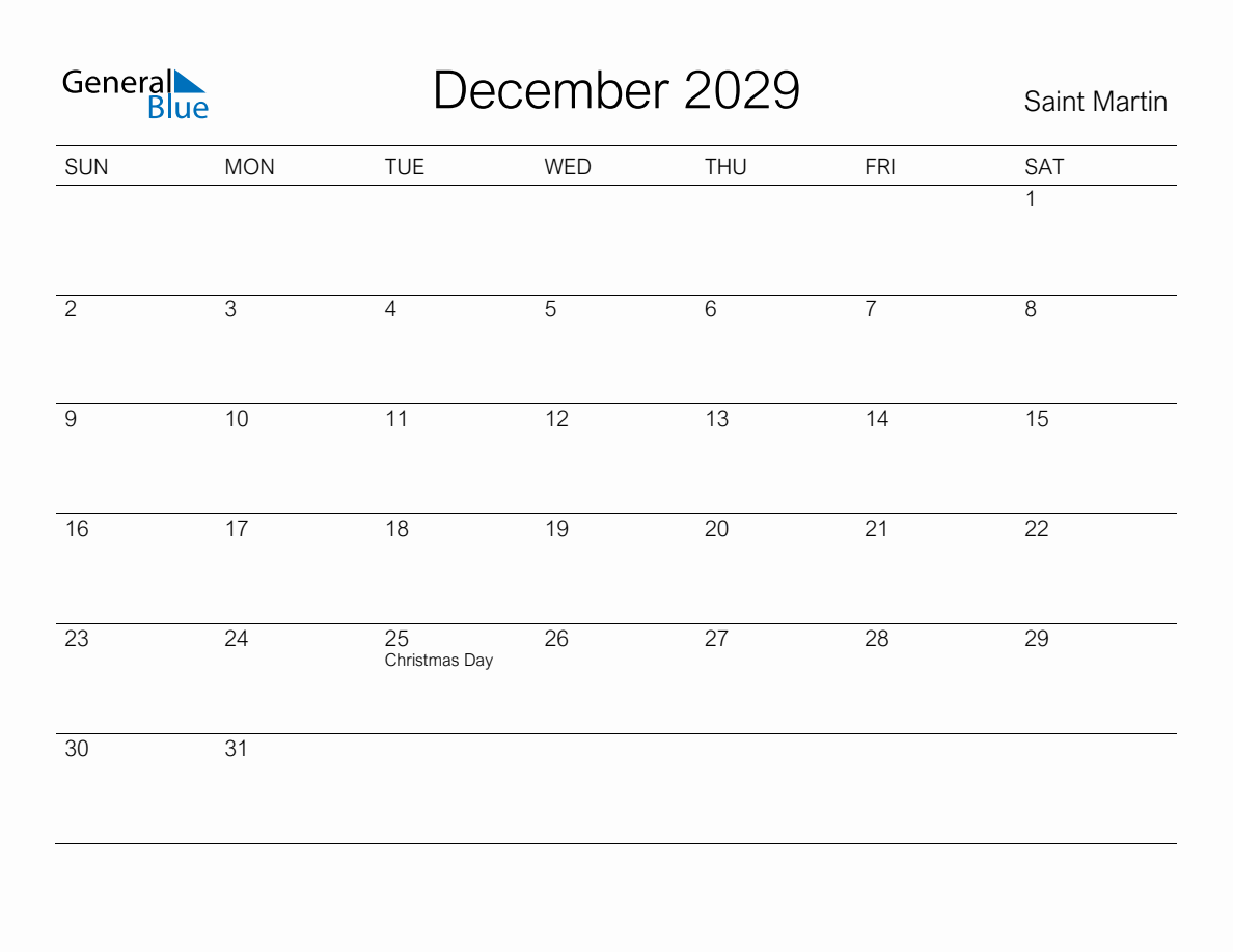 Printable December 2029 Monthly Calendar with Holidays for Saint Martin
