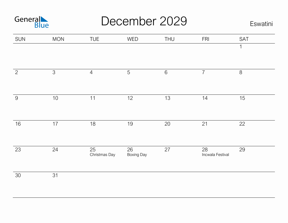 Printable December 2029 Monthly Calendar with Holidays for Eswatini