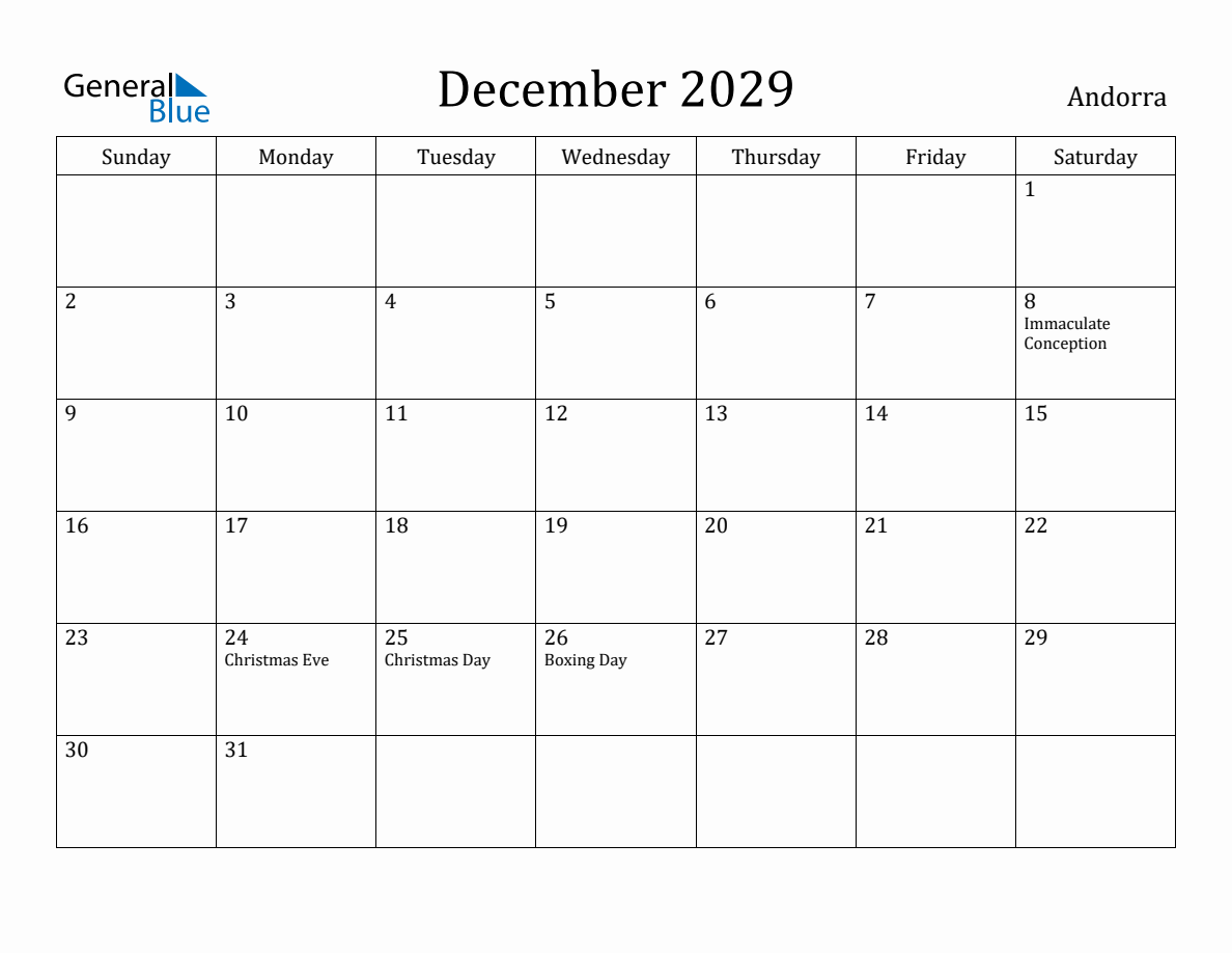 December 2029 Monthly Calendar with Andorra Holidays