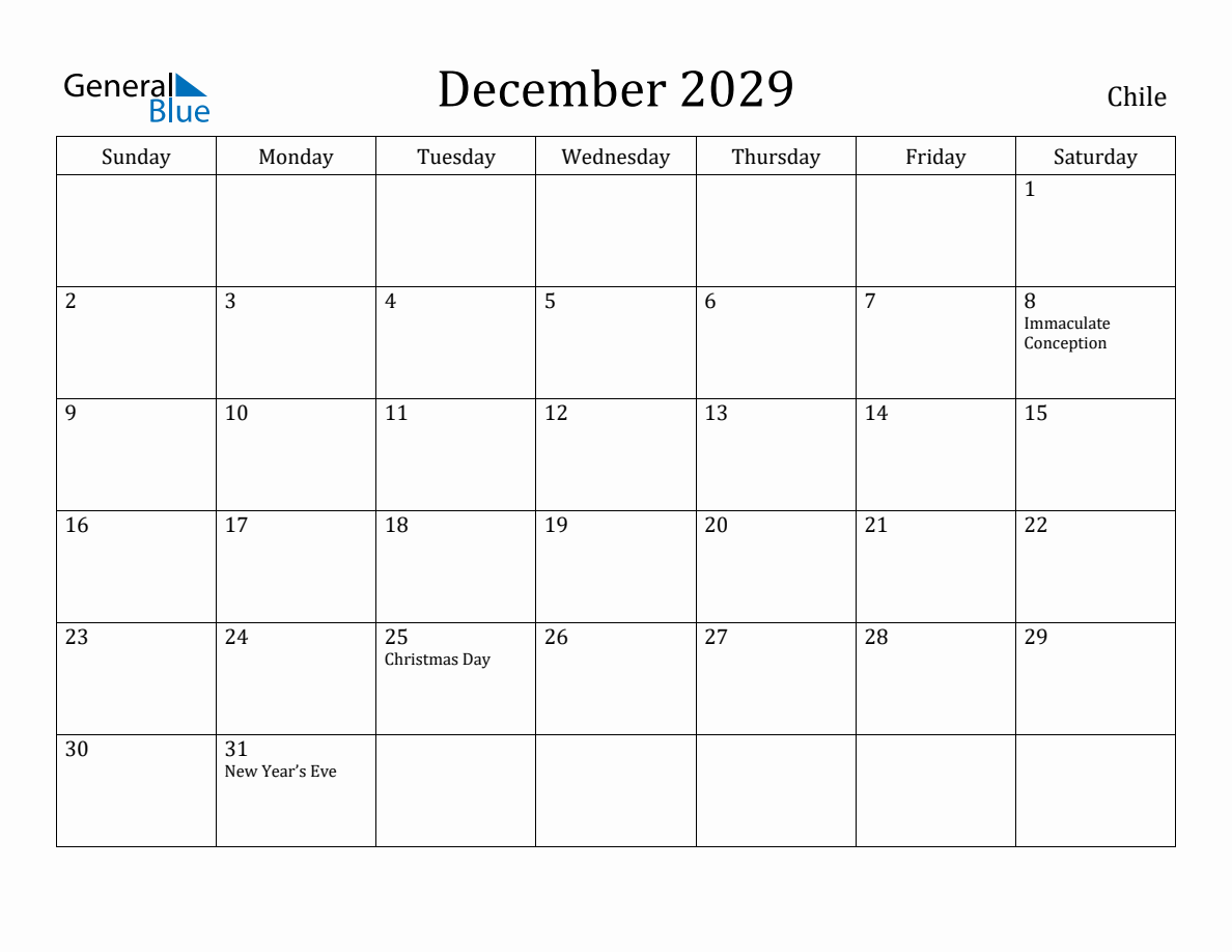 December 2029 Monthly Calendar with Chile Holidays