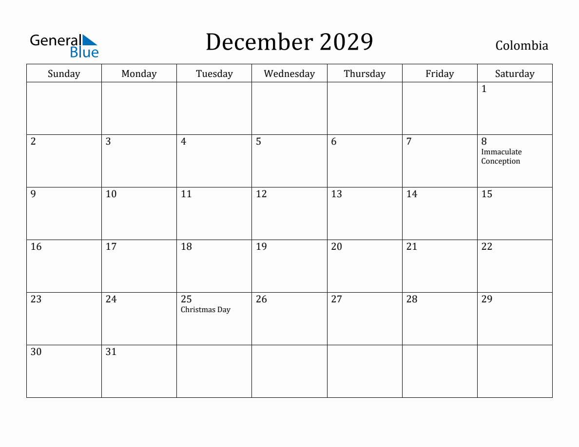 December 2029 Monthly Calendar with Colombia Holidays