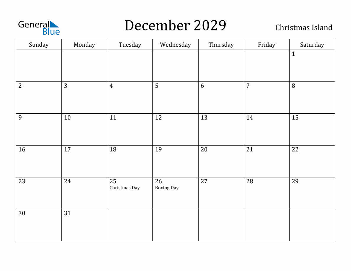 December 2029 Monthly Calendar with Christmas Island Holidays
