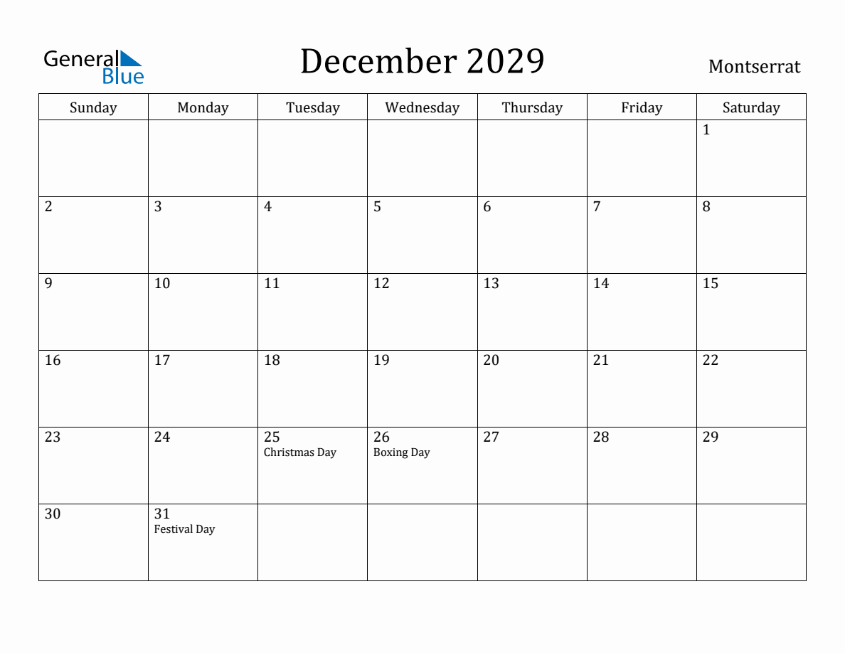December 2029 Monthly Calendar with Montserrat Holidays