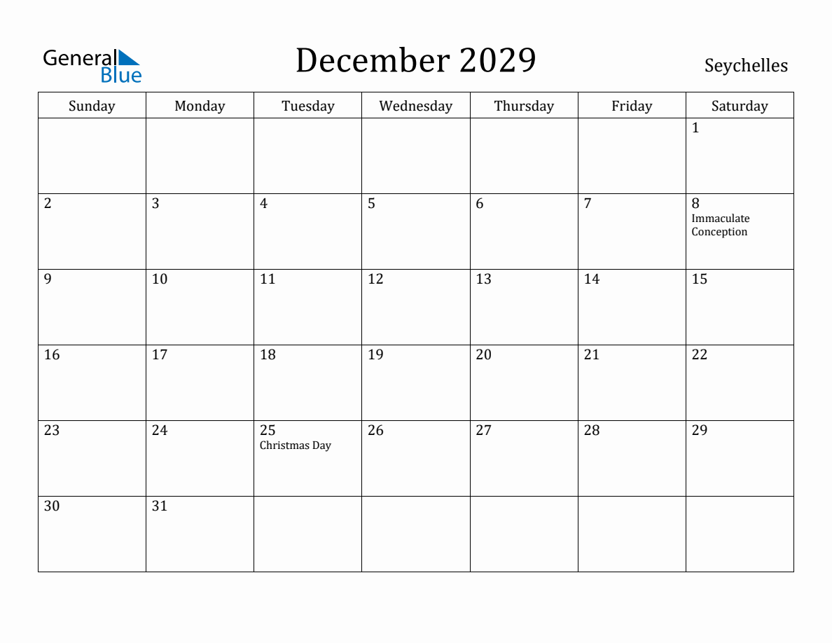 December 2029 Monthly Calendar with Seychelles Holidays