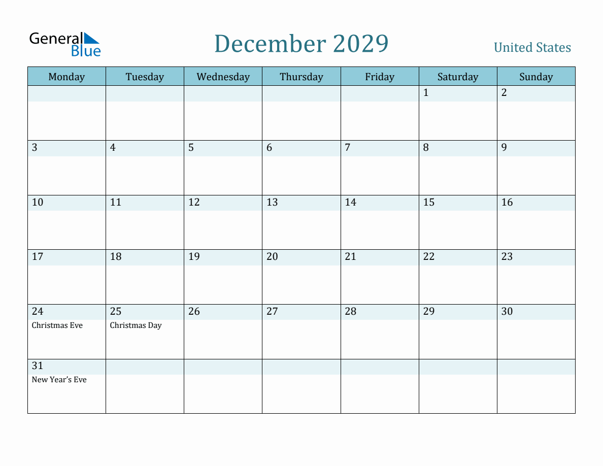 United States Holiday Calendar for December 2029