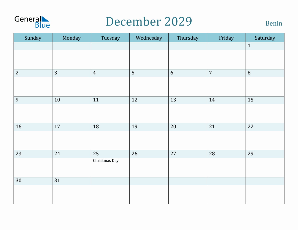 Benin Holiday Calendar for December 2029