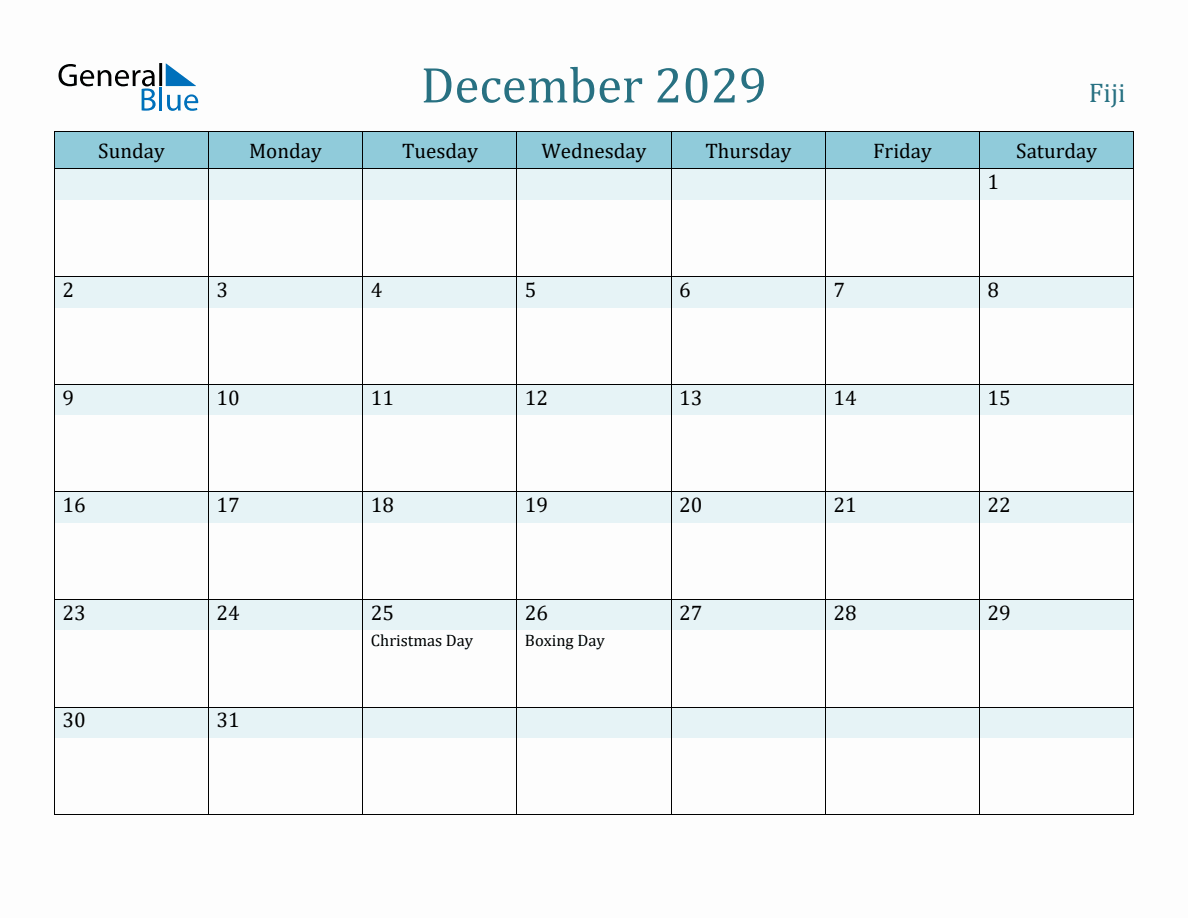 Fiji Holiday Calendar for December 2029