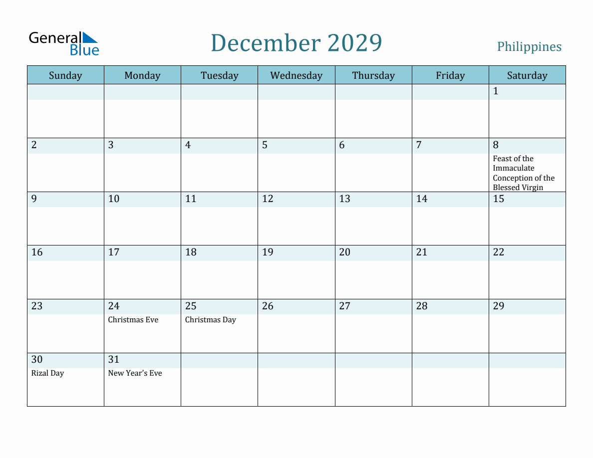 Philippines Holiday Calendar for December 2029