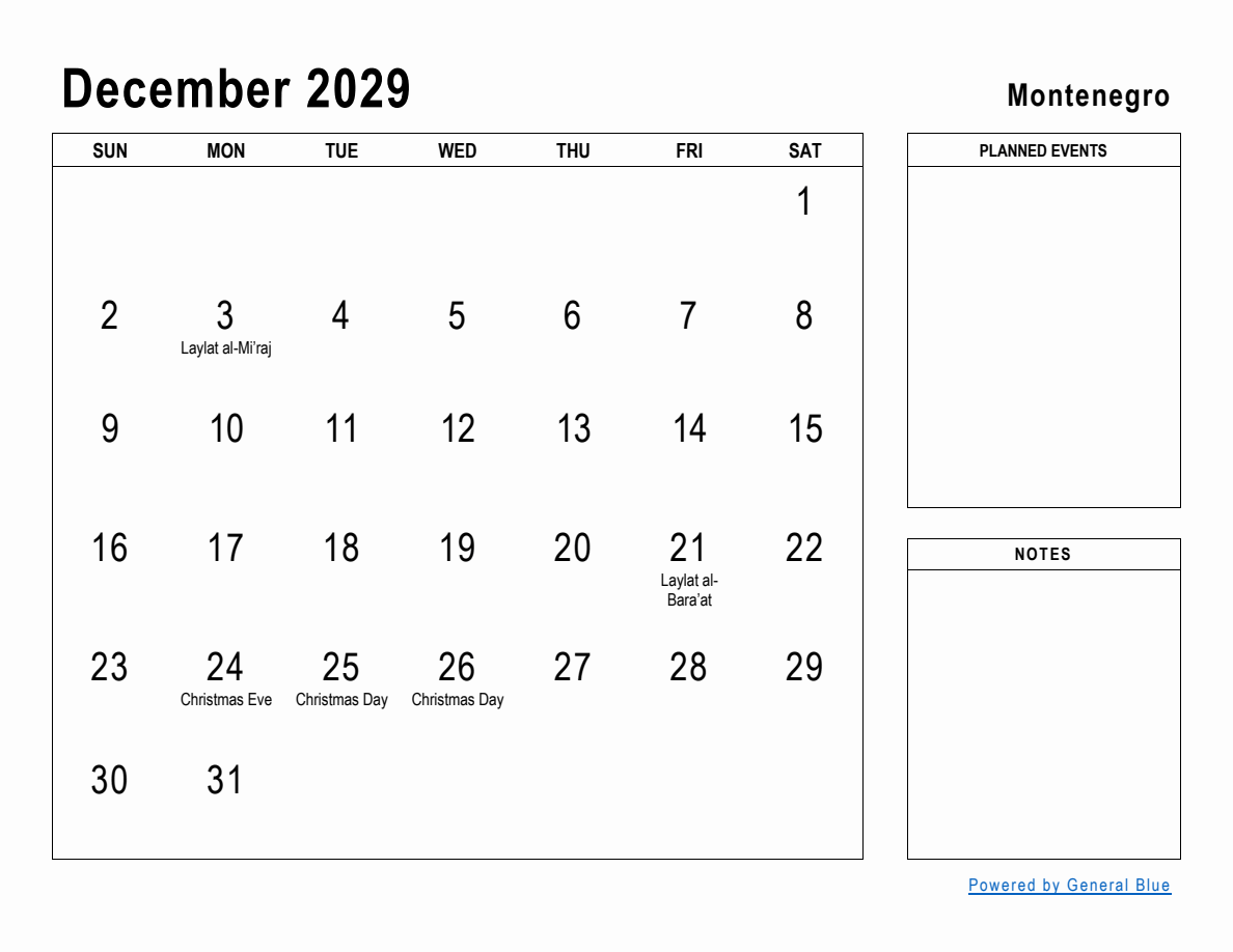 December 2029 Planner with Montenegro Holidays