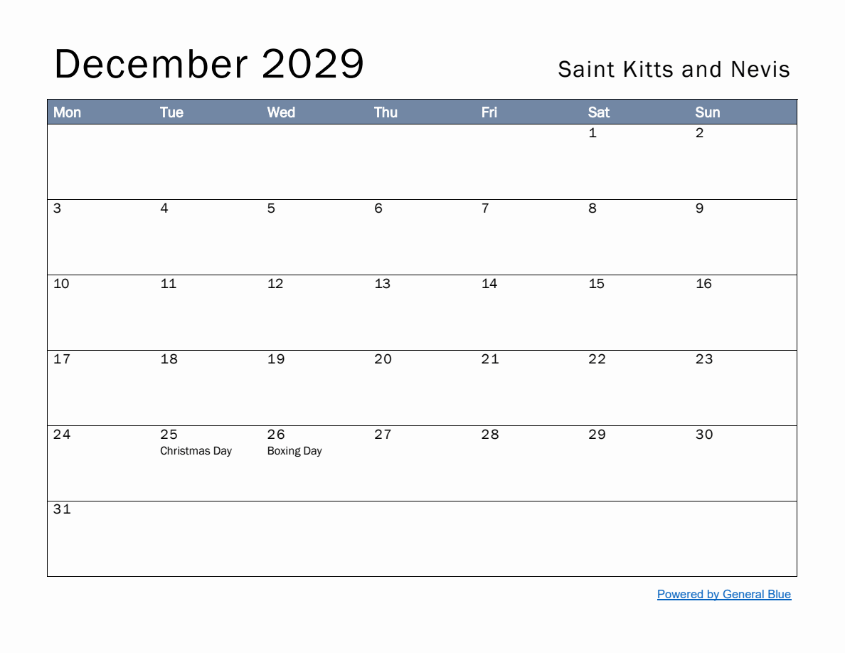 Free Monthly Calendar Template for December 2029 with Saint Kitts and ...