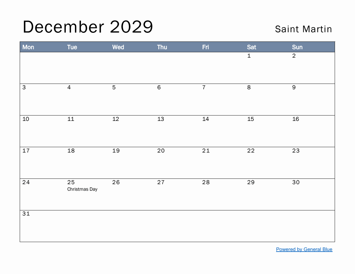 Free Monthly Calendar Template for December 2029 with Saint Martin ...