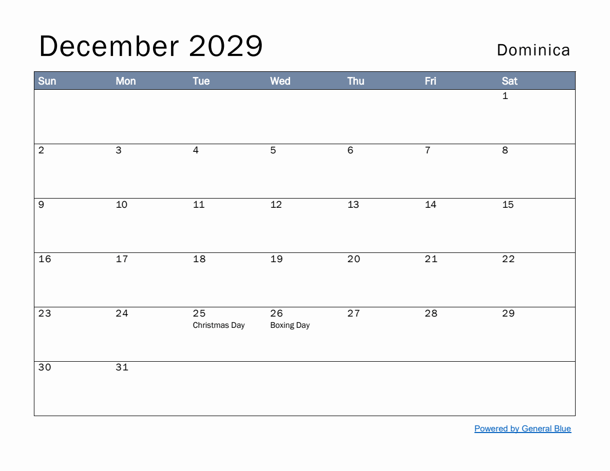 Free Monthly Calendar Template for December 2029 with Dominica Holidays