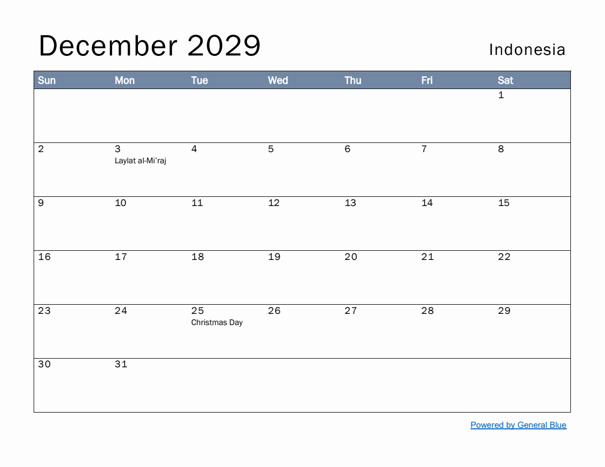 Free Monthly Calendar Template for December 2029 with Indonesia Holidays