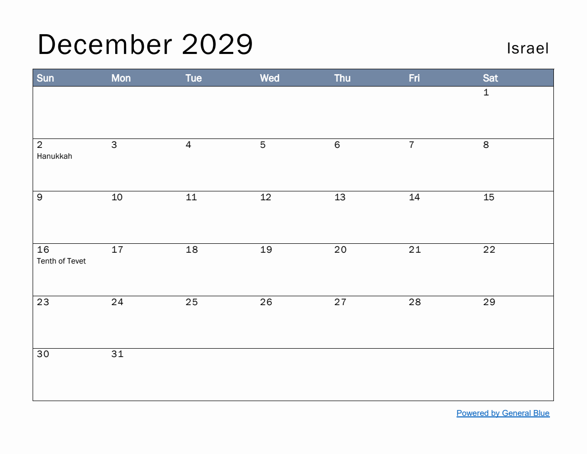 Free Monthly Calendar Template for December 2029 with Israel Holidays