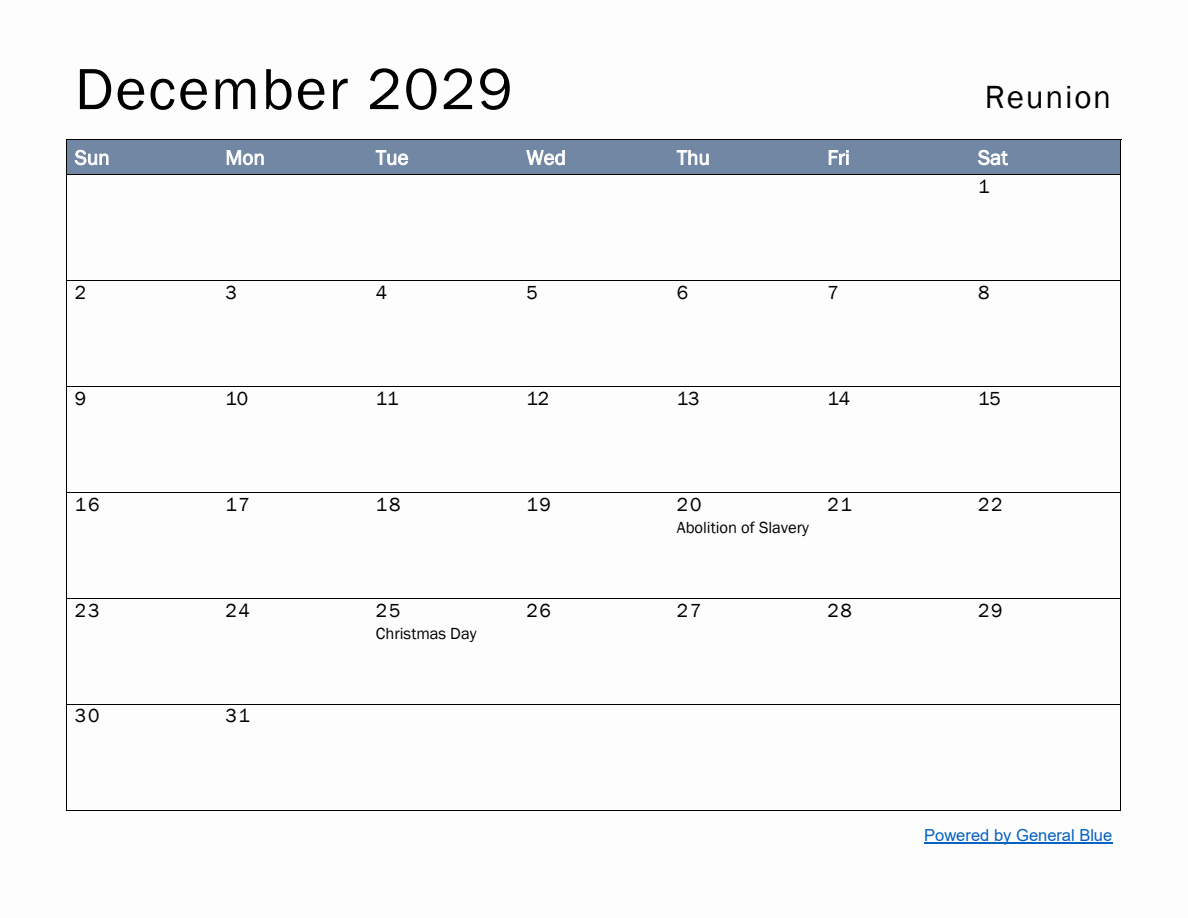 Free Monthly Calendar Template for December 2029 with Reunion Holidays
