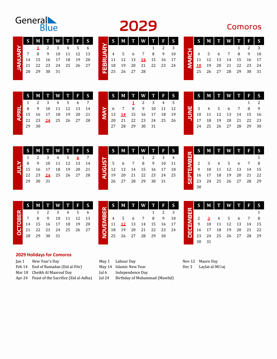 Comoros 2029 Yearly Calendar Downloadable