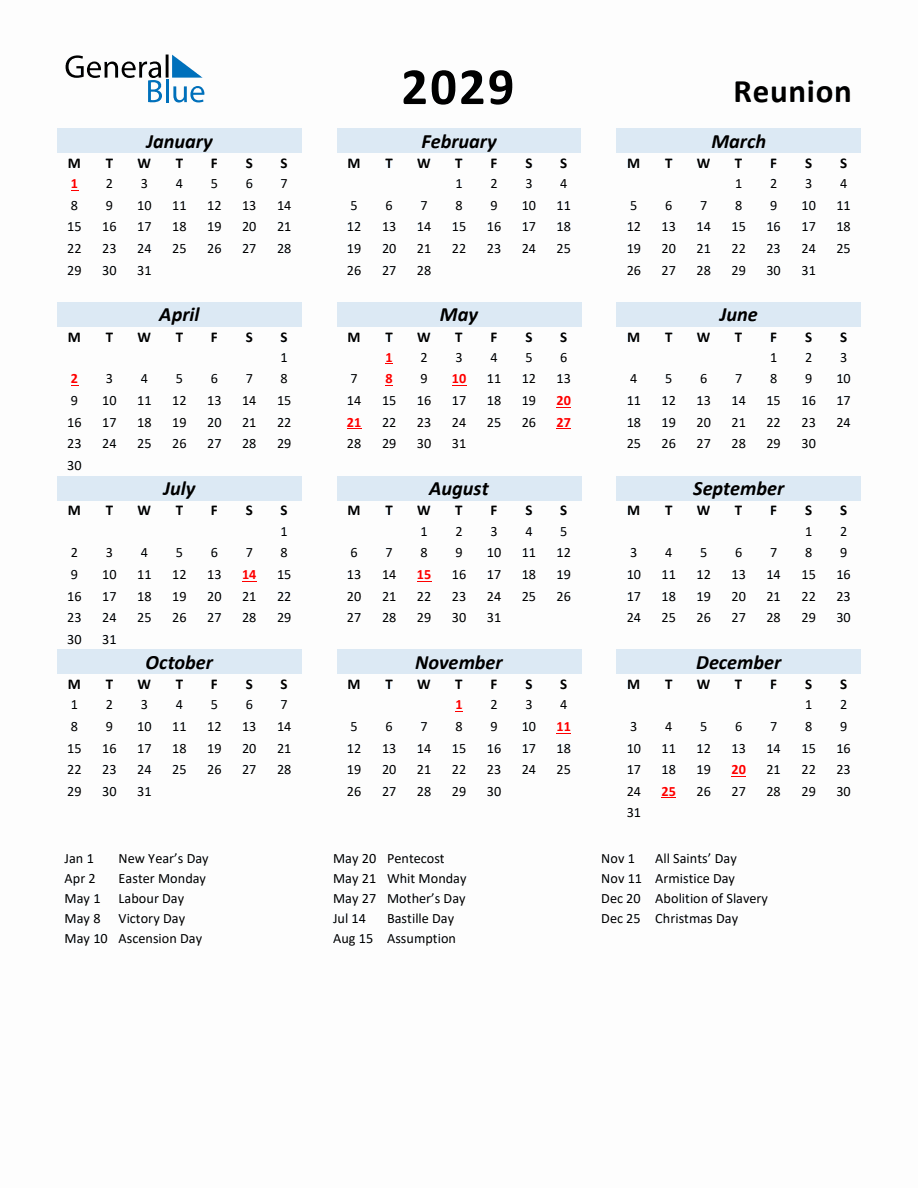 2029 Yearly Calendar for Reunion with Holidays - Monday Start