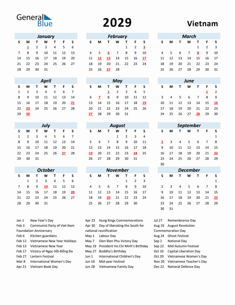 2029 Yearly Calendar for Vietnam with Holidays