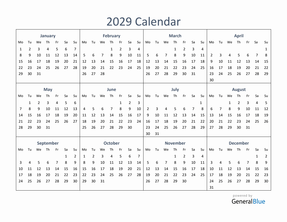 One-Page Yearly Calendar 2029 (PDF, Excel, Word) with Monday Start