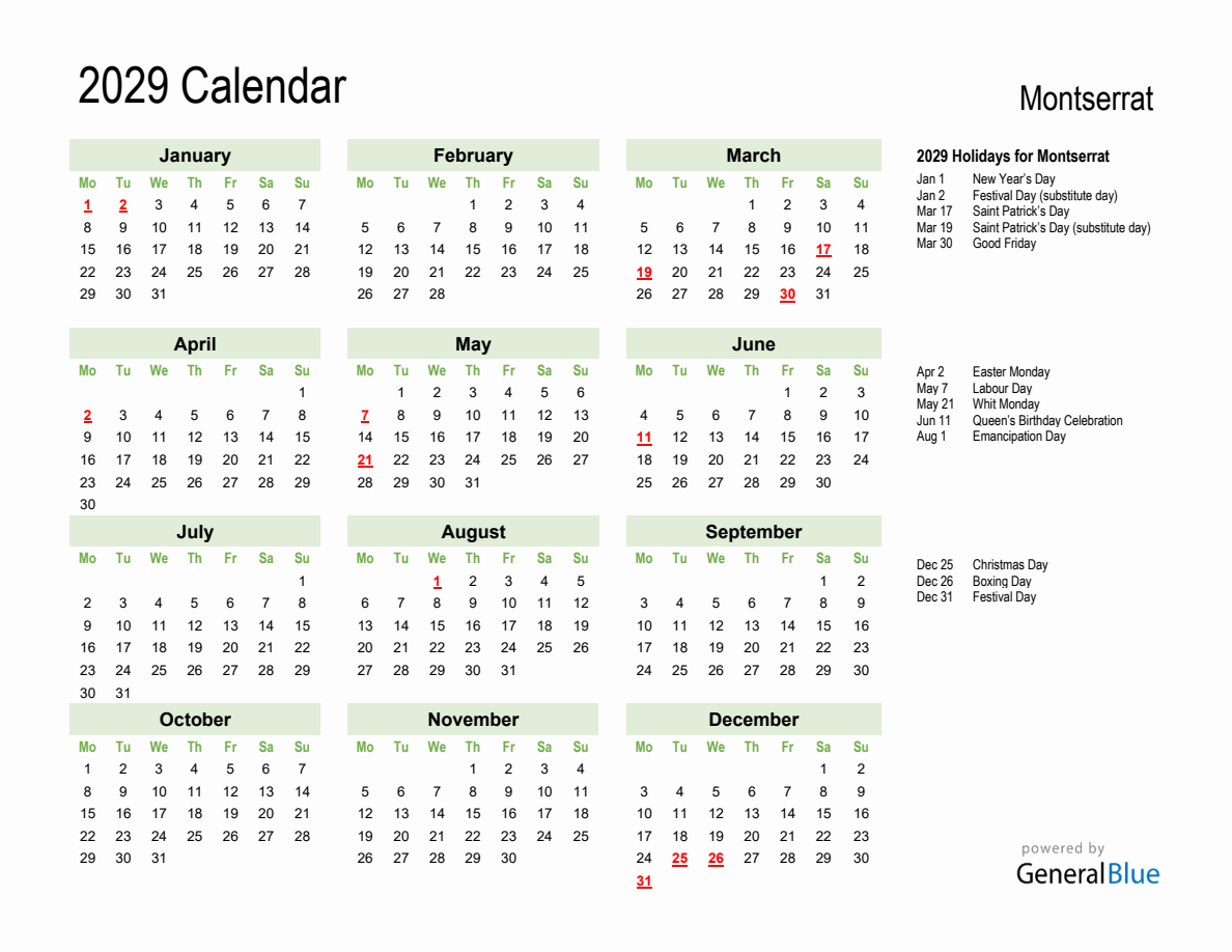 Holiday Calendar 2029 for Montserrat - Monday Start