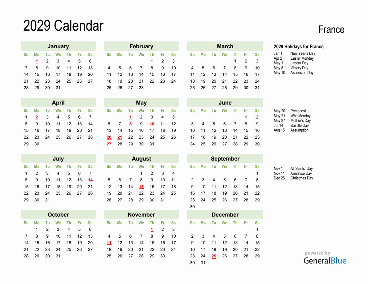 Holiday Calendar 2029 for France