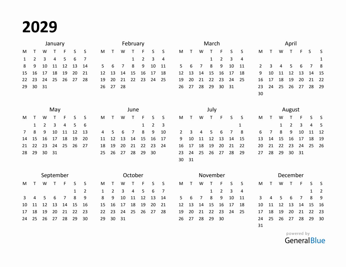 Year Planner 2029 Template with Monday Start