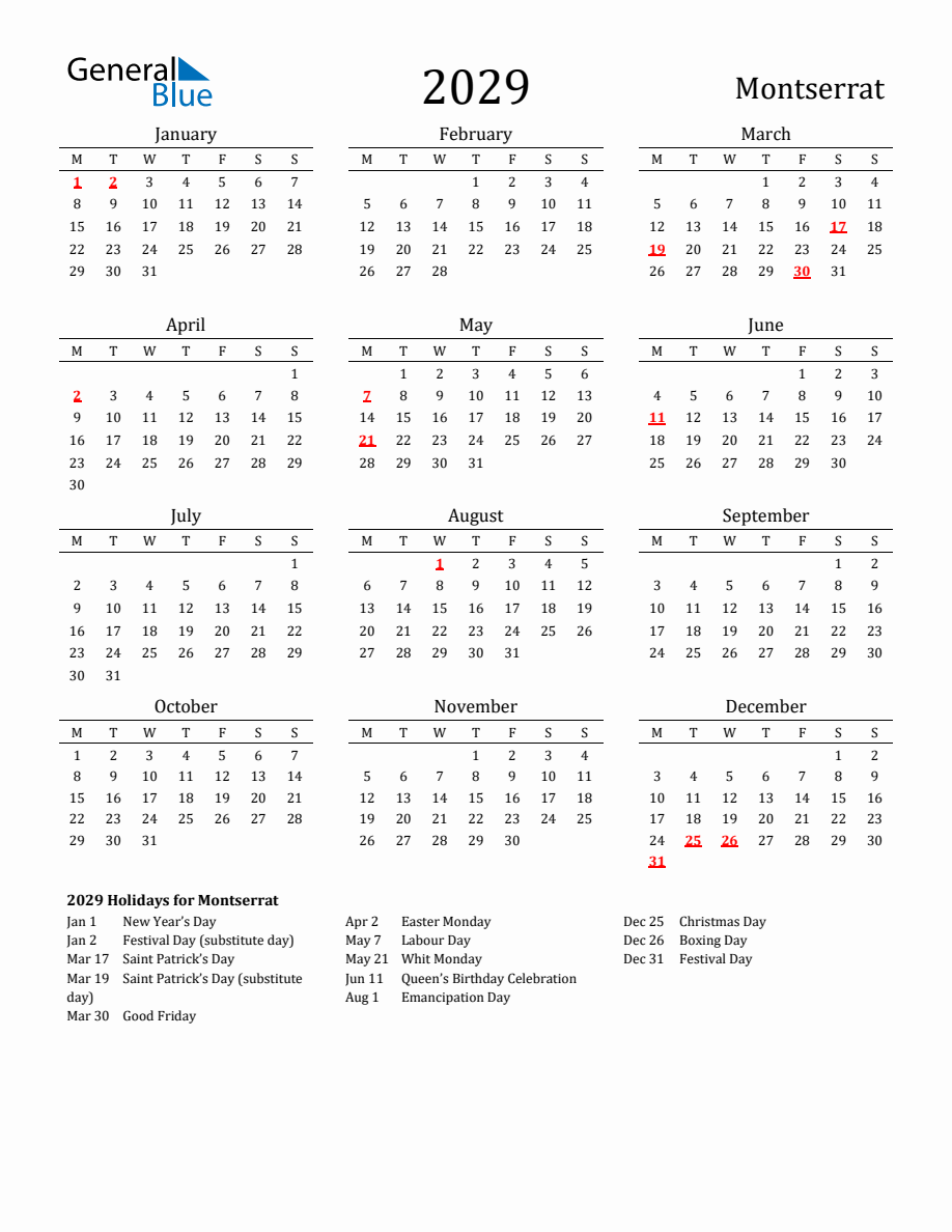 Free Montserrat Holidays Calendar for Year 2029 - Monday Start