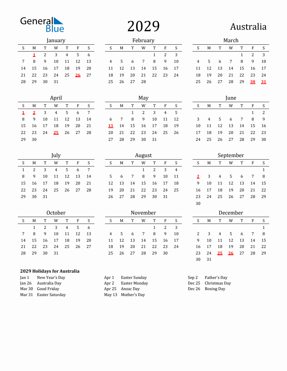 Free Australia Holidays Calendar for Year 2029