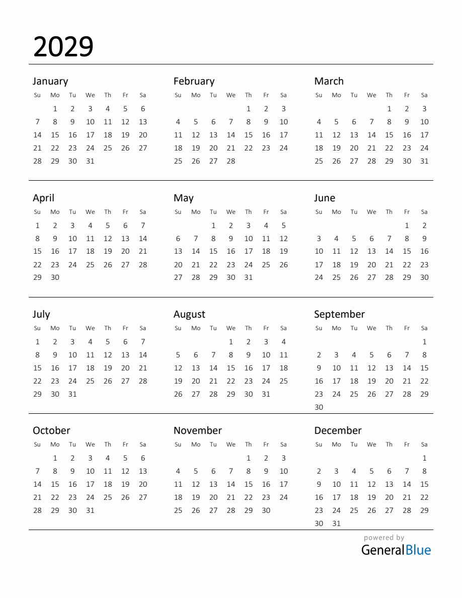 Printable Calendar for 2029