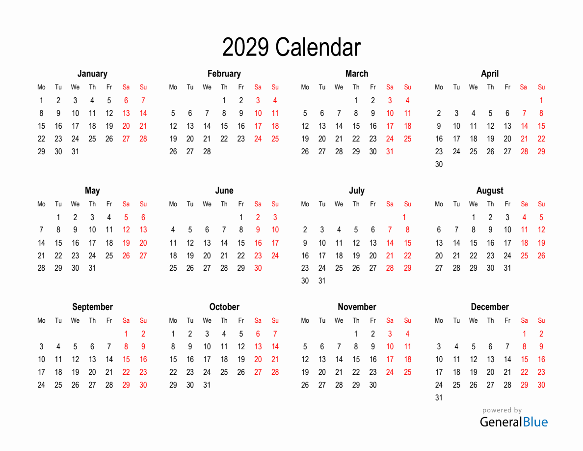Printable Yearly Calendar for 2029 (with Red Weekend) with Monday Start