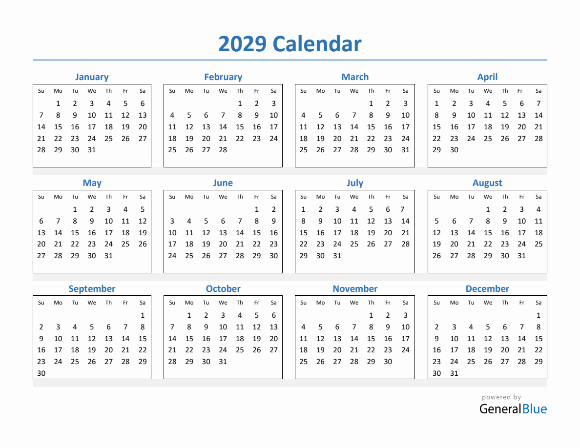 2029 Simple Yearly Calendar (PDF, Excel, Word)
