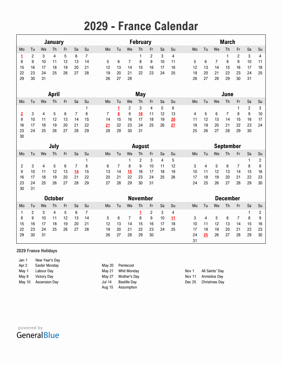 Year 2029 Simple Calendar With Holidays in France - Monday Start