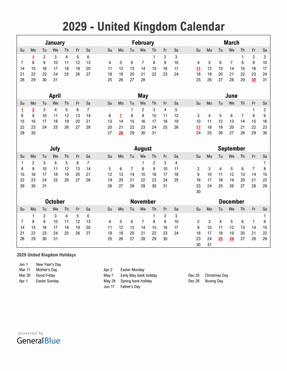 Year 2029 Simple Calendar With Holidays in United Kingdom