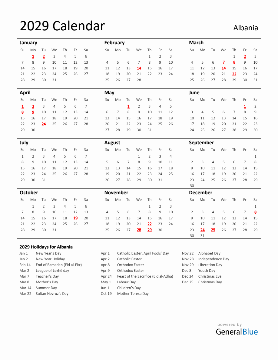 Standard Holiday Calendar for 2029 with Albania Holidays