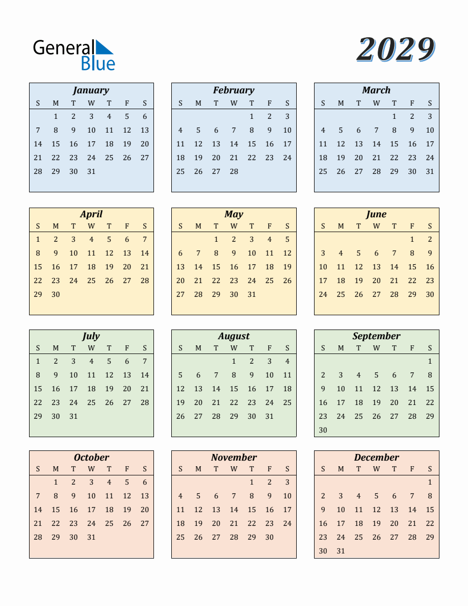 Calendar for Year 2029