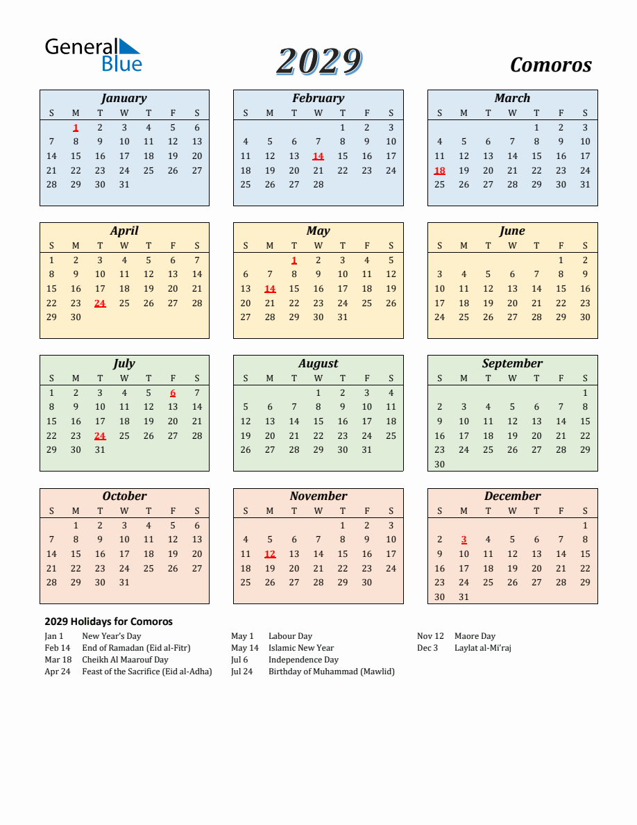 2029 Comoros Calendar