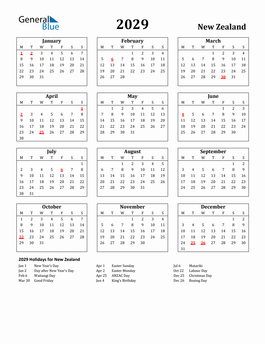 Free Printable 2029 New Zealand Holiday Calendar - Monday Start