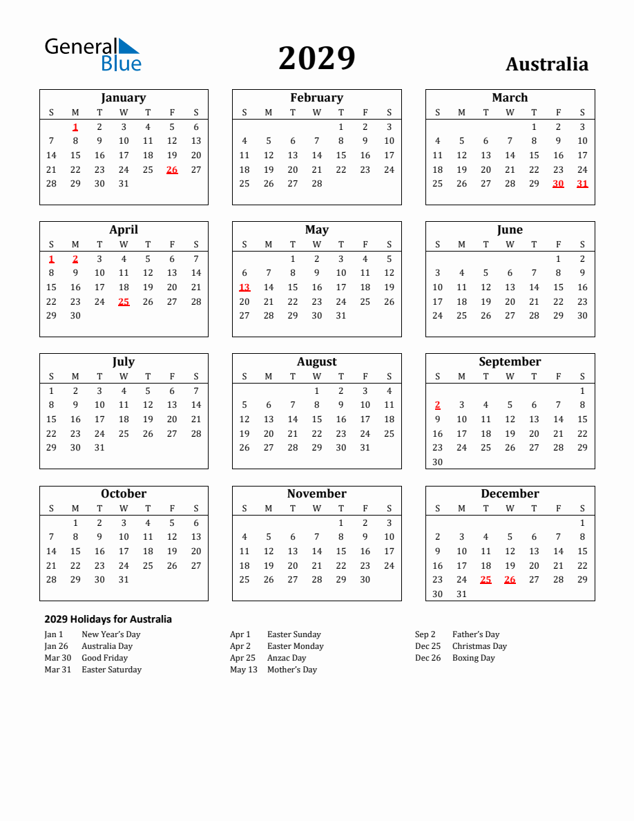 Free Printable 2029 Australia Holiday Calendar