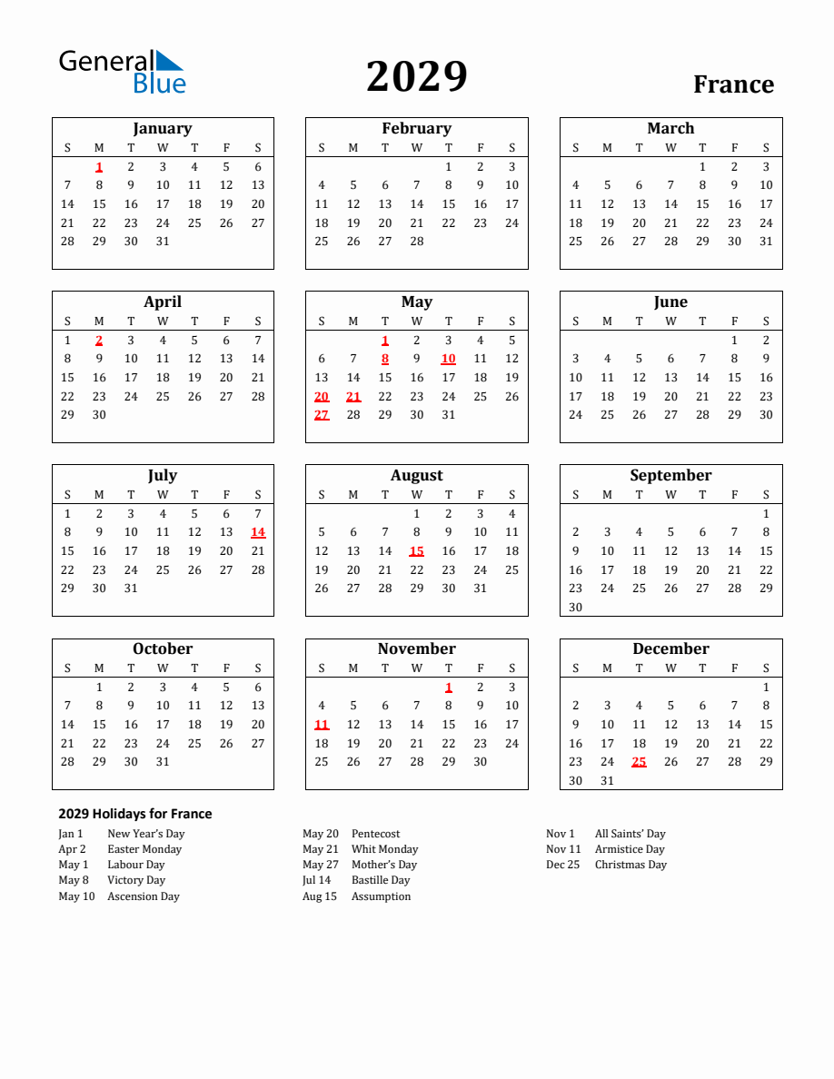 Free Printable 2029 France Holiday Calendar