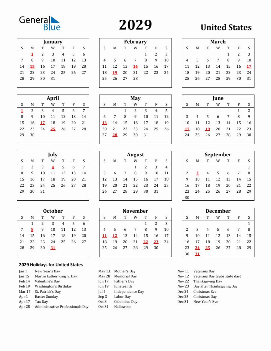 Free Printable 2029 United States Holiday Calendar