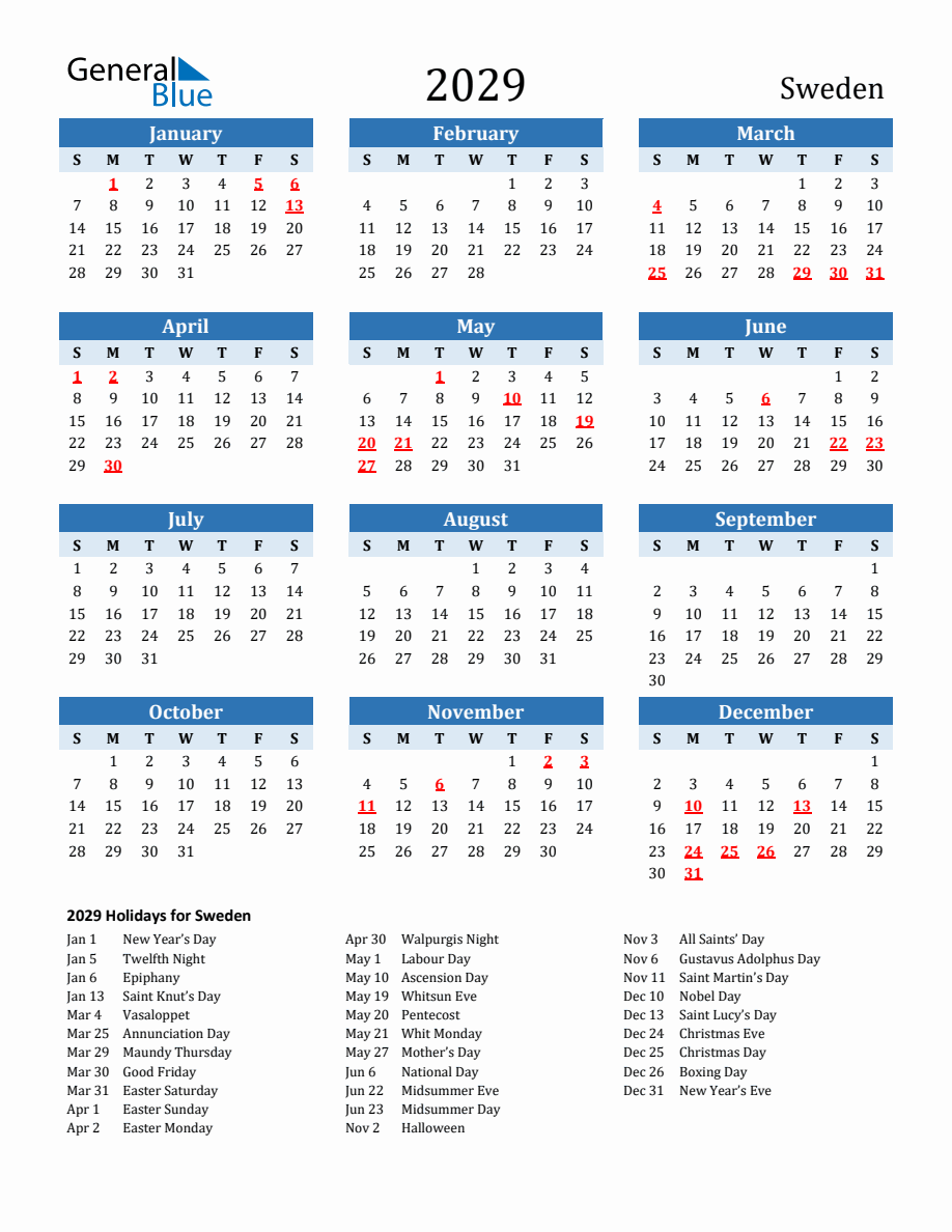 2029 Printable Calendar with Sweden Holidays