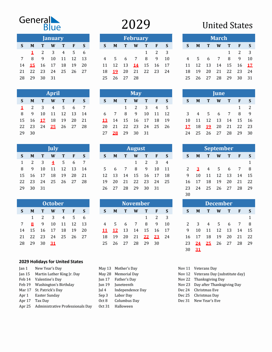 2029 Printable Calendar with United States Holidays